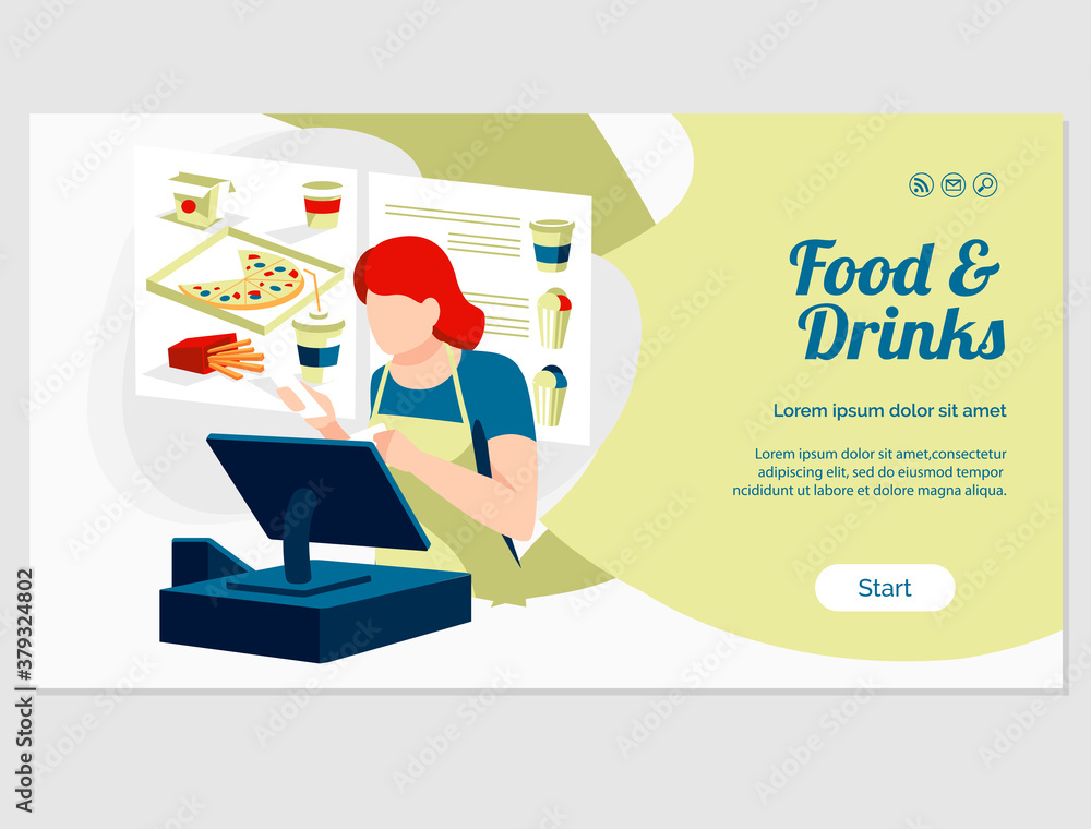 Food and drinks landing page. Traditional fast food dishes online ...