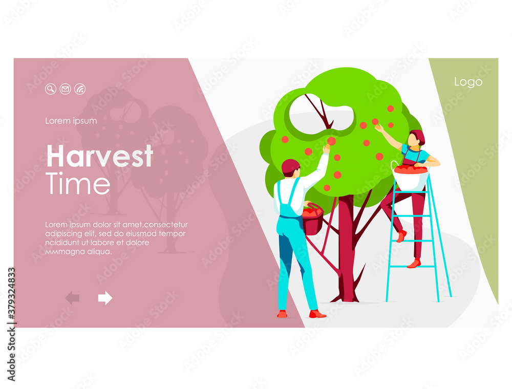 Harvest time landing page. Farmers picking fruits from tree, people ...