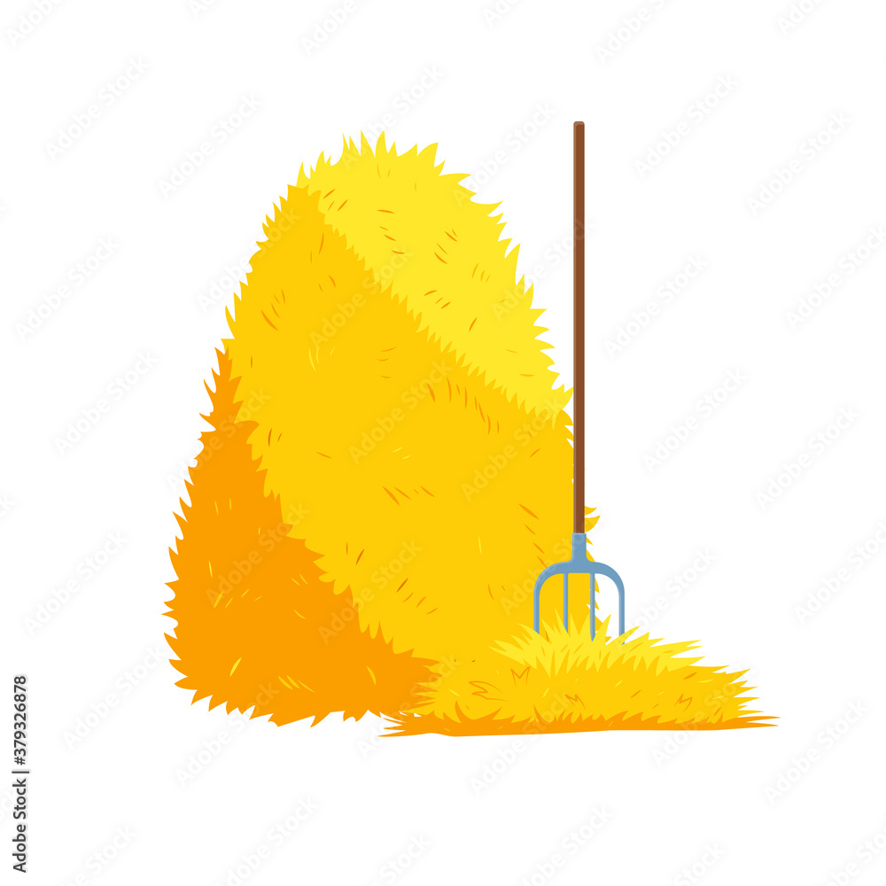Haystack isolated on white background. Flat vector illustration dried haystack with fork ...