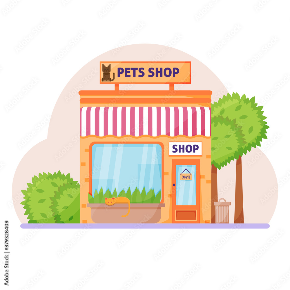 Facade pets or zoo store. Signboard with emblem cat, awning and symbol ...
