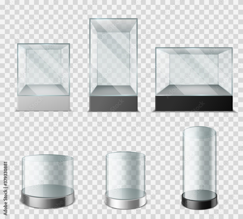 Glass showcase. Transparent plastic cube with glossy glare reflections ...