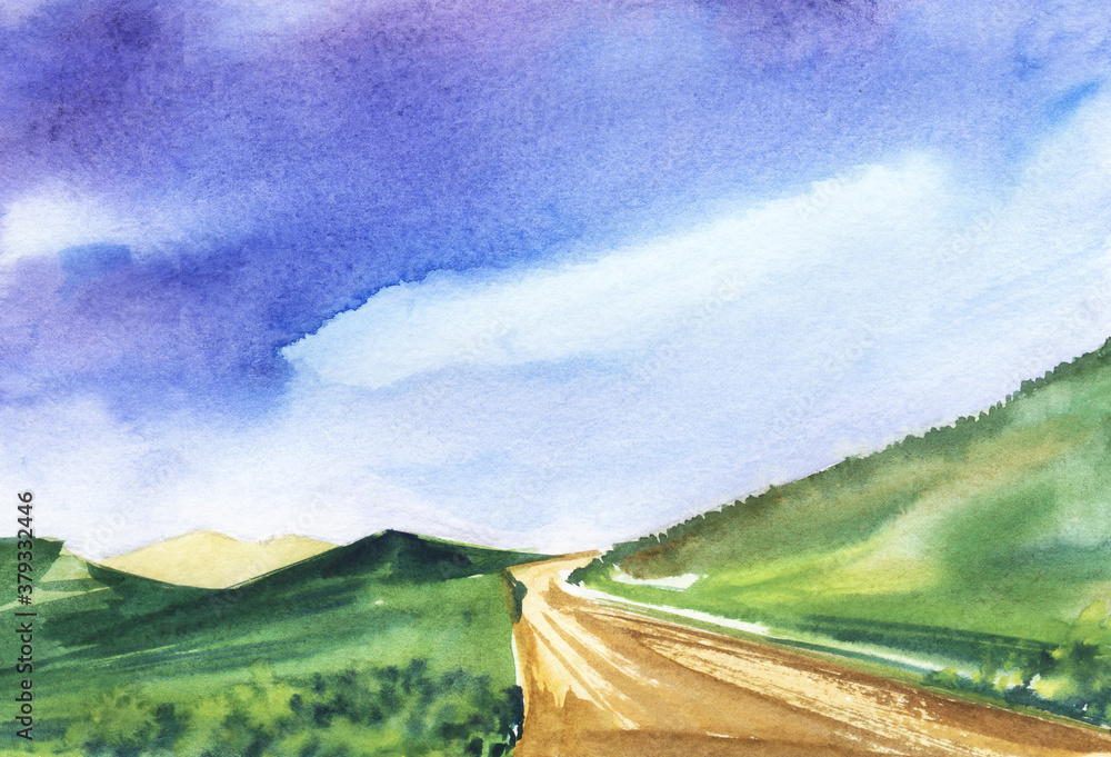 Summer watercolor landscape of empty country road among hilly terrain ...