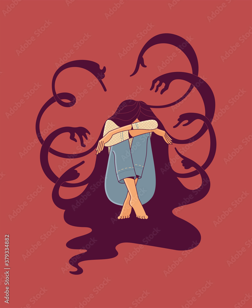 Young stressed female character sitting and silhouettes of creature ...