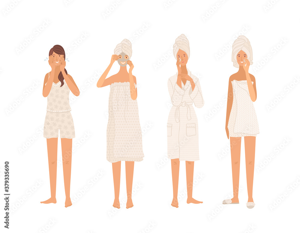 Cute girls cleaning skin, washing, moisturizing, applying beauty mask ...