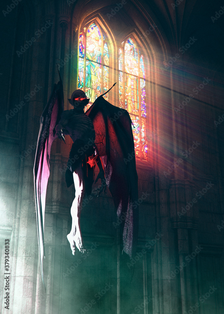 Flying monster with bats wings floating in a haunted church illuminated ...