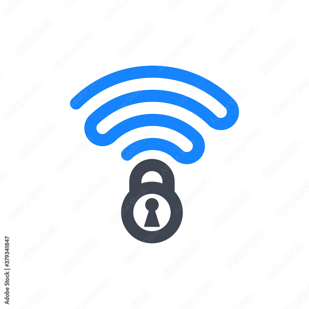 Conexión segura. Símbolo WiFi con ondas unidas con candado en gris y ...