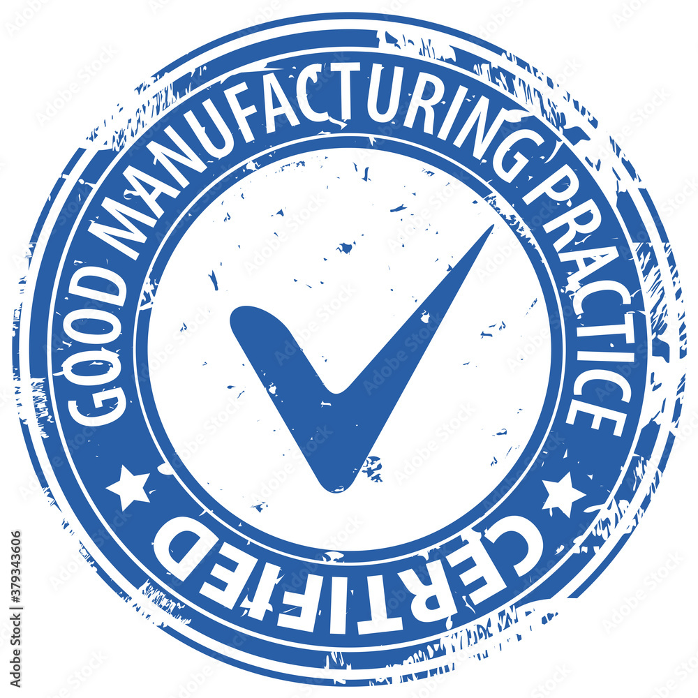 GMP Good Manufacturing Practice Certified text in round rubber stamp ...