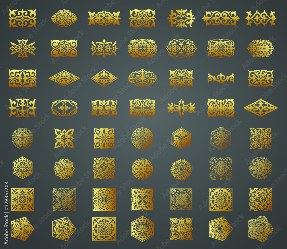 Set of 56 islamic golden ornaments on black background in vector ...
