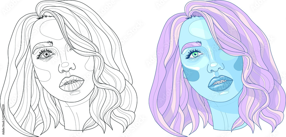Realistic cartoon girl with pastel pink hair and blue skin character ...