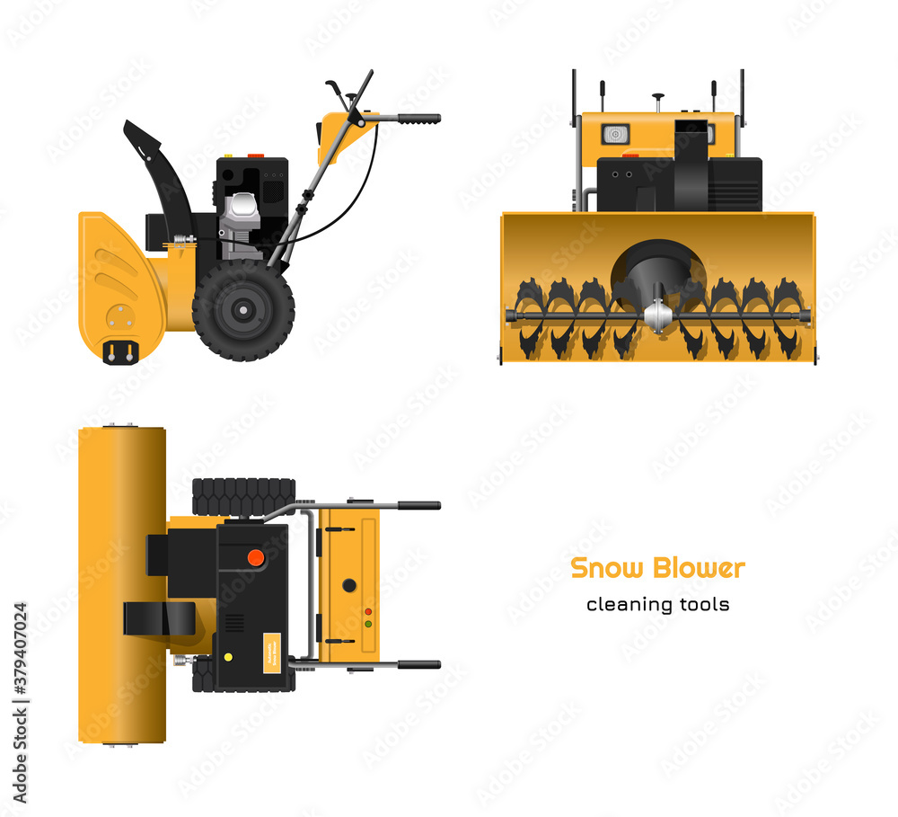 Blueprint of snow blower in realistic style. Top, side and front view ...