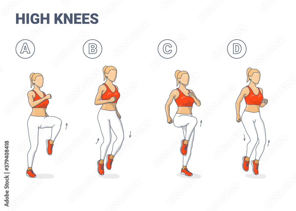 High Knees Exercise Woman Colorful Cartoon Vector Illustration Concept Stock Vector Adobe Stock