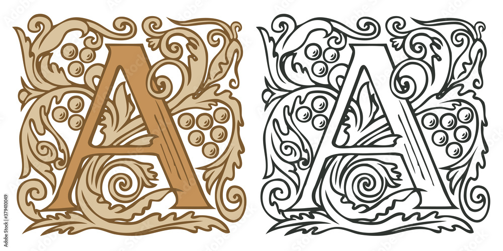 Initial letter A with vintage baroque ornamentation. Two vector ...