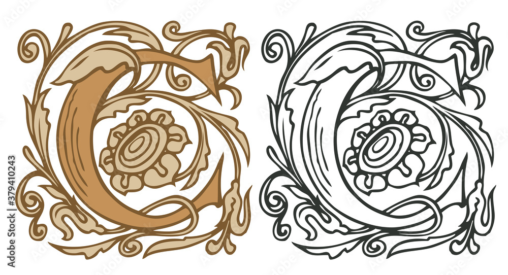 Initial letter C with vintage Baroque decorations. Two vector uppercase ...