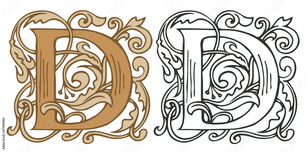 Vecteur Stock Initial letter D with vintage Baroque decorations. Two ...
