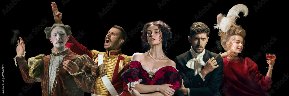 Party. Collage on young people in medieval attire on dark background ...