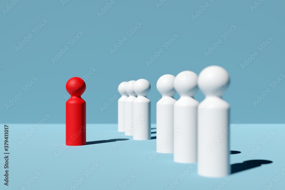 Single red figure standing out from a line of white figures, leadership ...