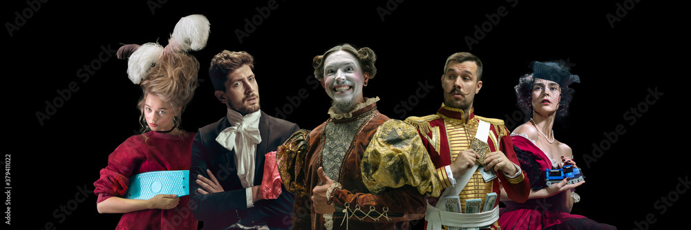 Serious. Collage on young people in medieval attire on dark background ...