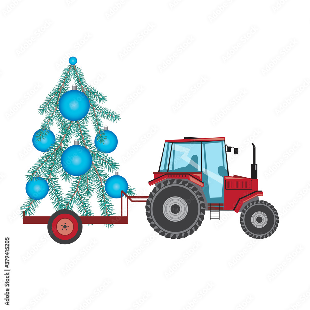 Tractor with christmas tree in trailer isolated on white background ...
