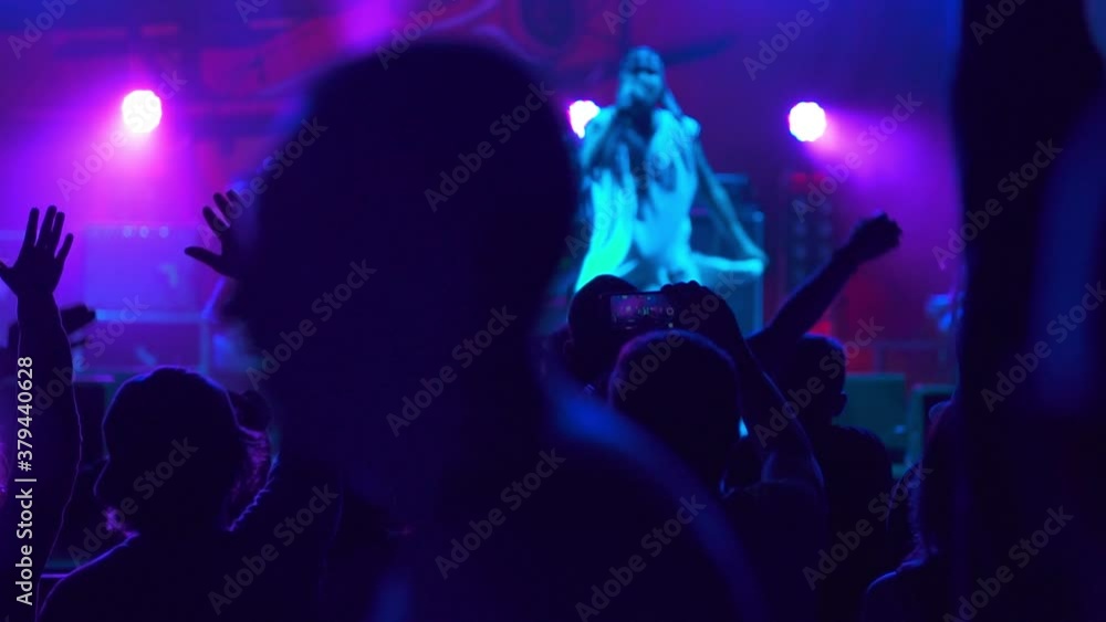 Hip-hop star performing on stage in front of fans. Live concert ...