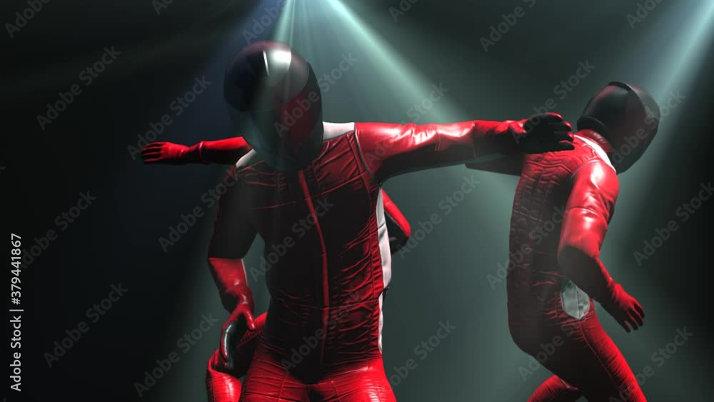 A group of racers perform silly dance in red suits as professional ...