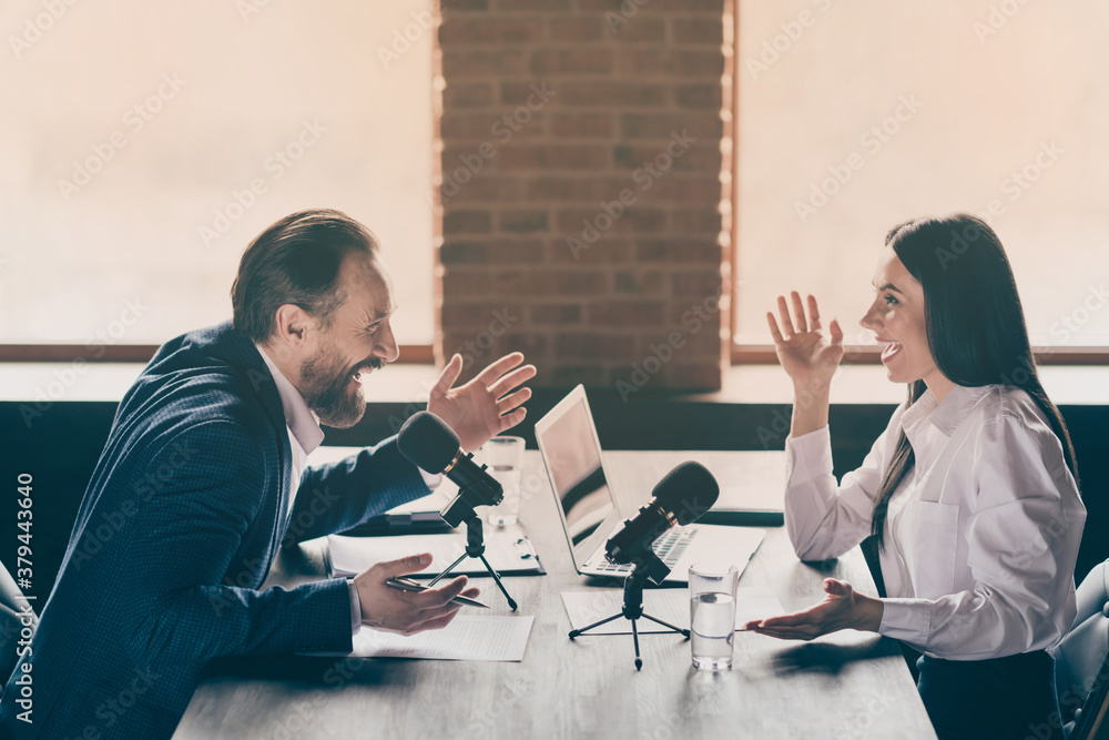 Profile photo of two people businessman business lady journalist press ...