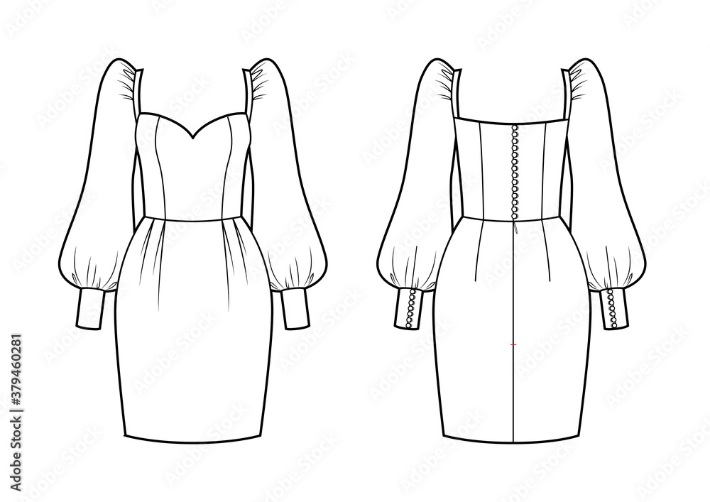 Technical drawing of evening dress with wide slevees. Front and back ...