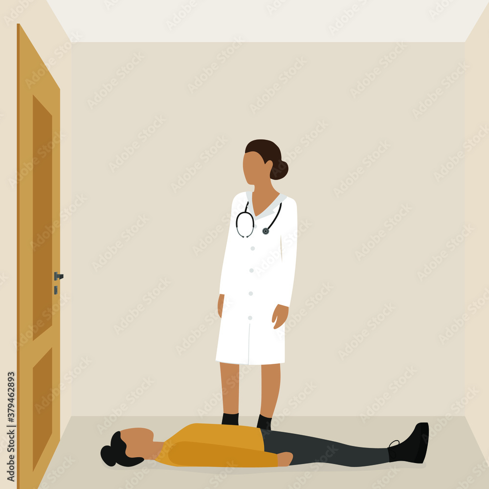 Female character lying on the floor and a doctor with a stethoscope in ...