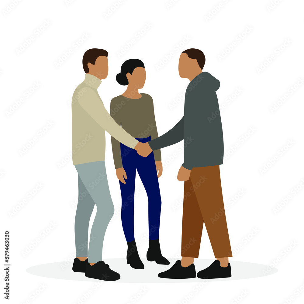 Two male characters are shaking hands and a female character is ...