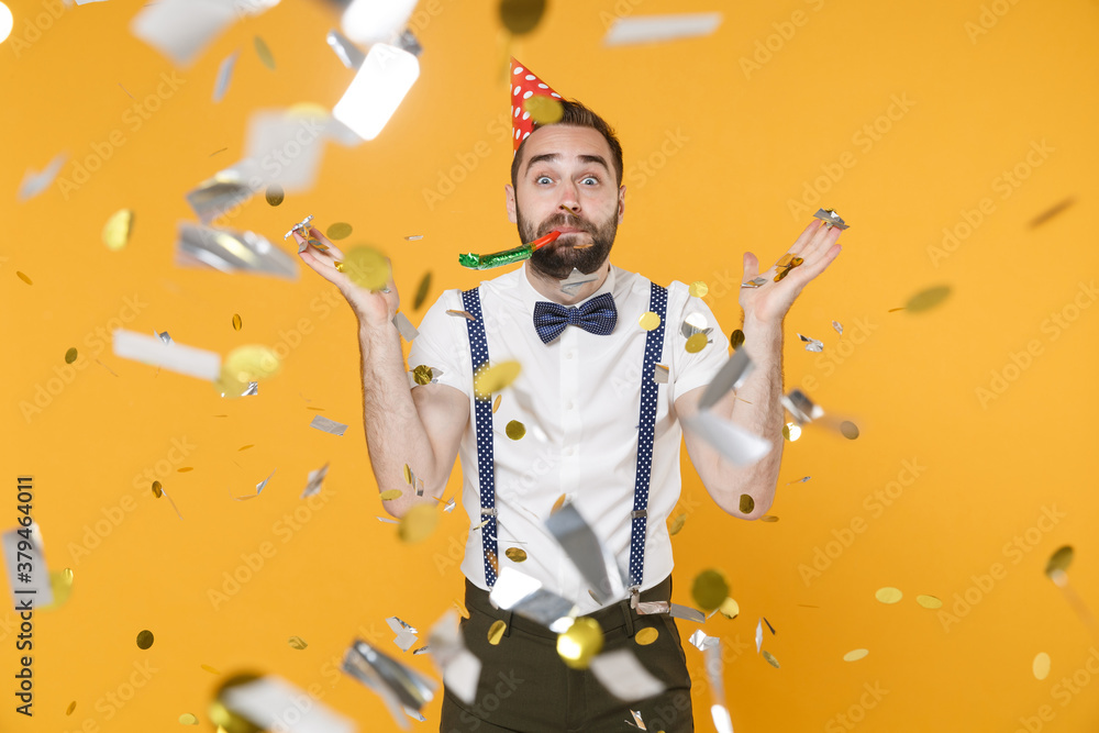 Funny young bearded man 20s wearing white shirt bow-tie suspender ...