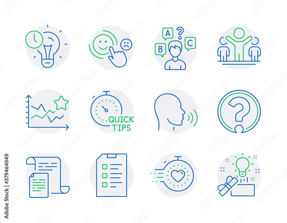 Education icons set. Included icon as Timer, Ranking stars, Quick tips ...