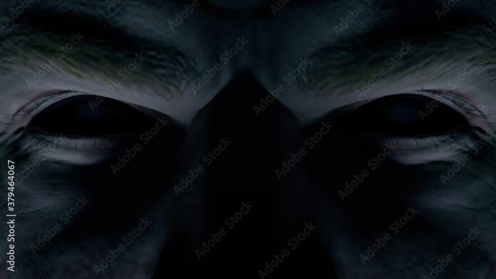 Scary menacing gaze of a man with empty black eyes close-up. Horror ...