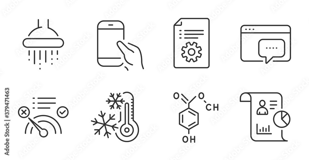 Chemical formula, Report and Shower line icons set. Technical documentation, Hold smartphone and ...