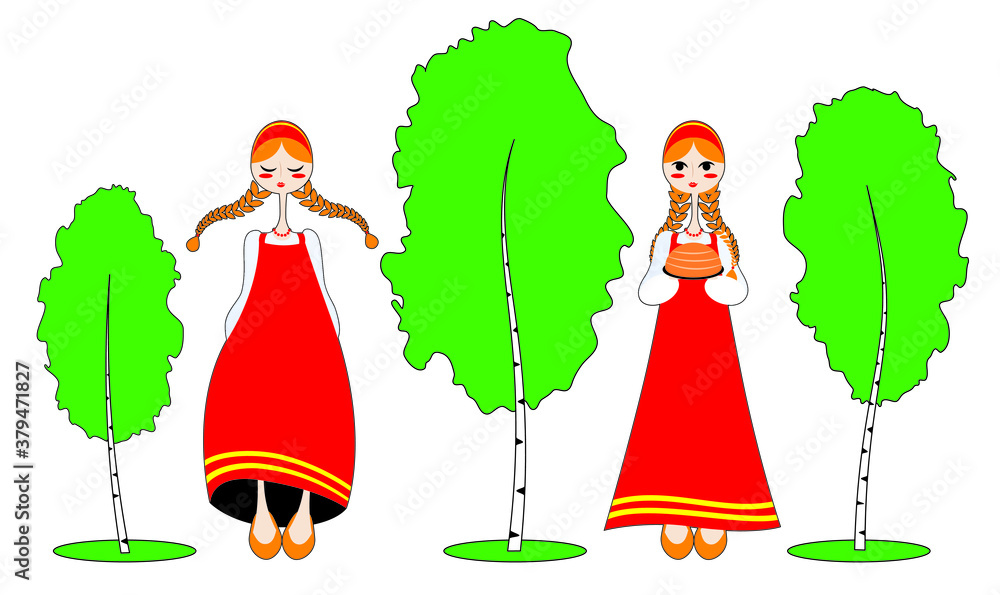 Russian girl in a traditional red sarafan and kokoshnik, white shirt ...