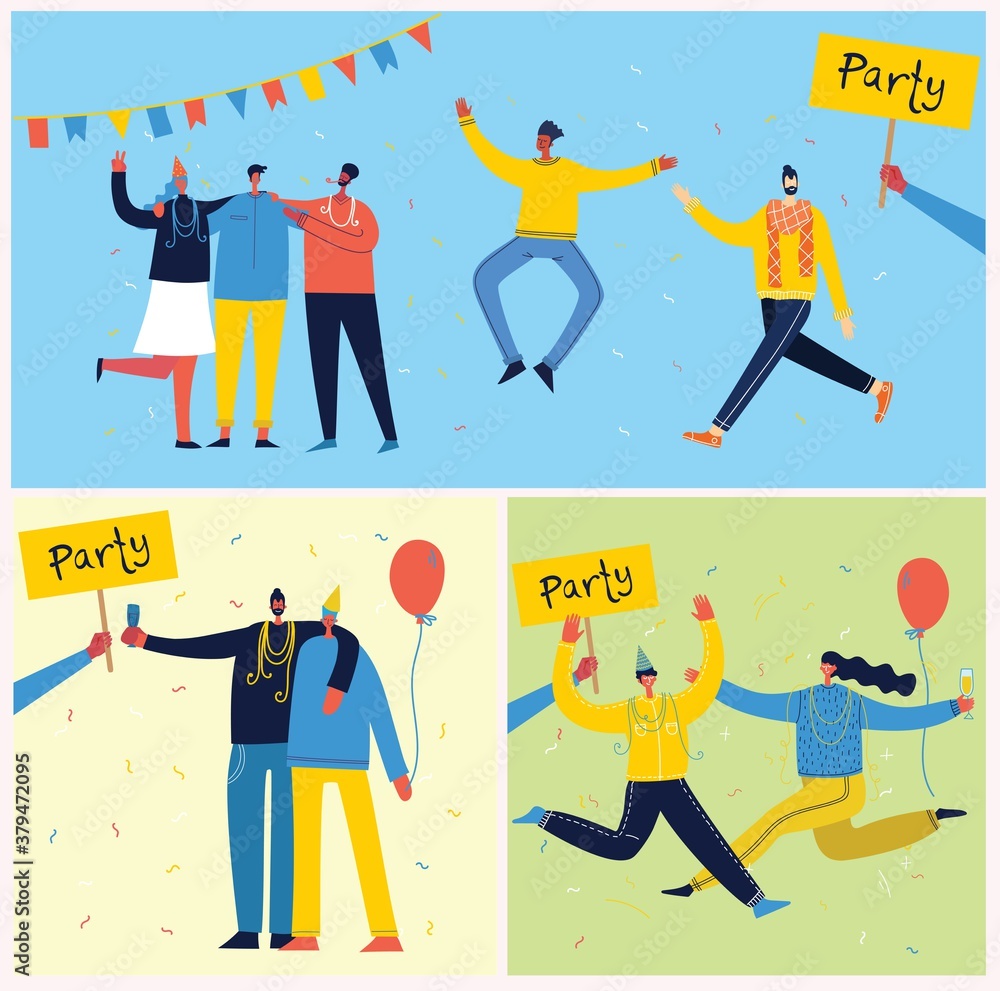 Vector cartoon illustration of Happy group of people celebrating ...