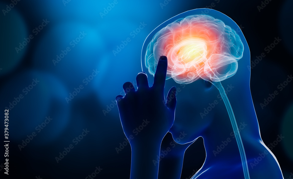 Human head profile with hands touching the temples. Brain activity ...