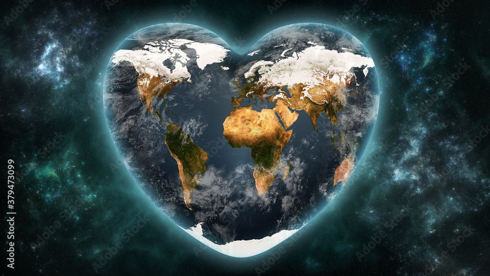 Heart shaped Earth planet on a outer space background. Love and respect ...