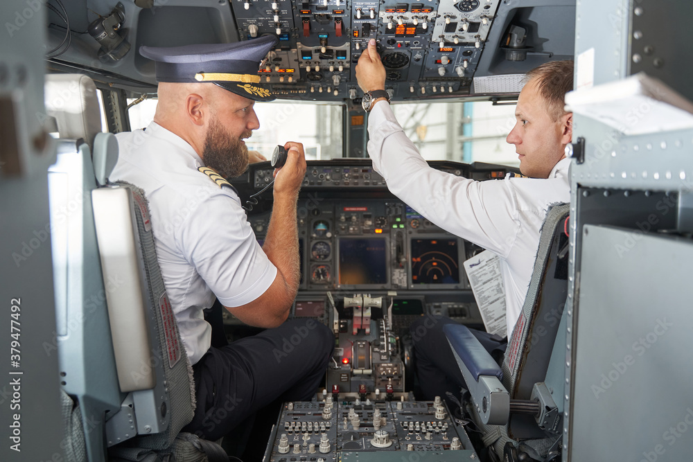 Modern cockpit of the passenger aircraft in the hangar Stock Photo ...