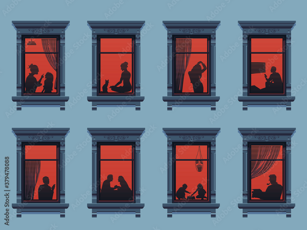 Neighbors in the windows. Cartoon characters in their apartment listen ...