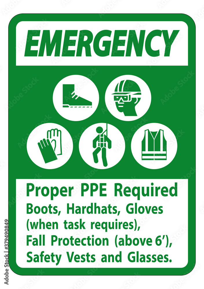 Emergency Sign Proper PPE Required Boots, Hardhats, Gloves When Task ...