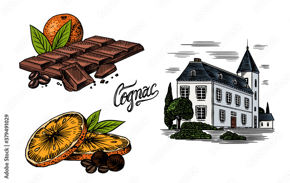 Alcohol production plant. Cognac castle. Chocolate bar with orange and ...