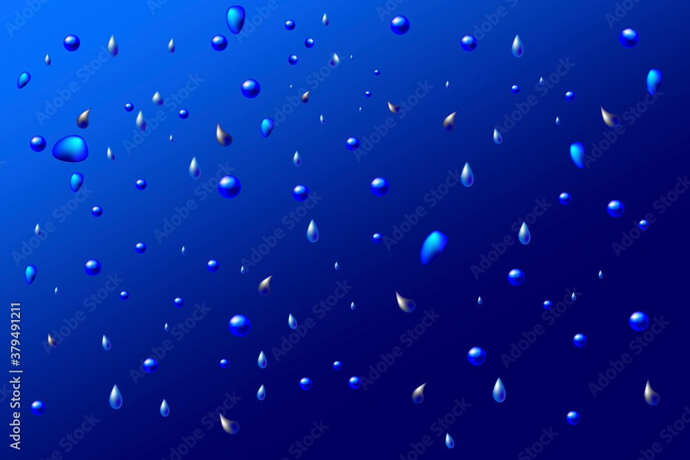 Drop of water on a blue background. Raindrops. Drops on glass. Wet pattern on a blue surface ...