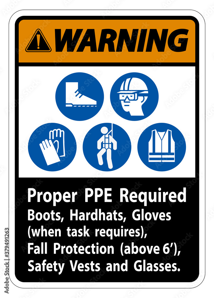 Warning Sign Proper PPE Required Boots, Hardhats, Gloves When Task ...