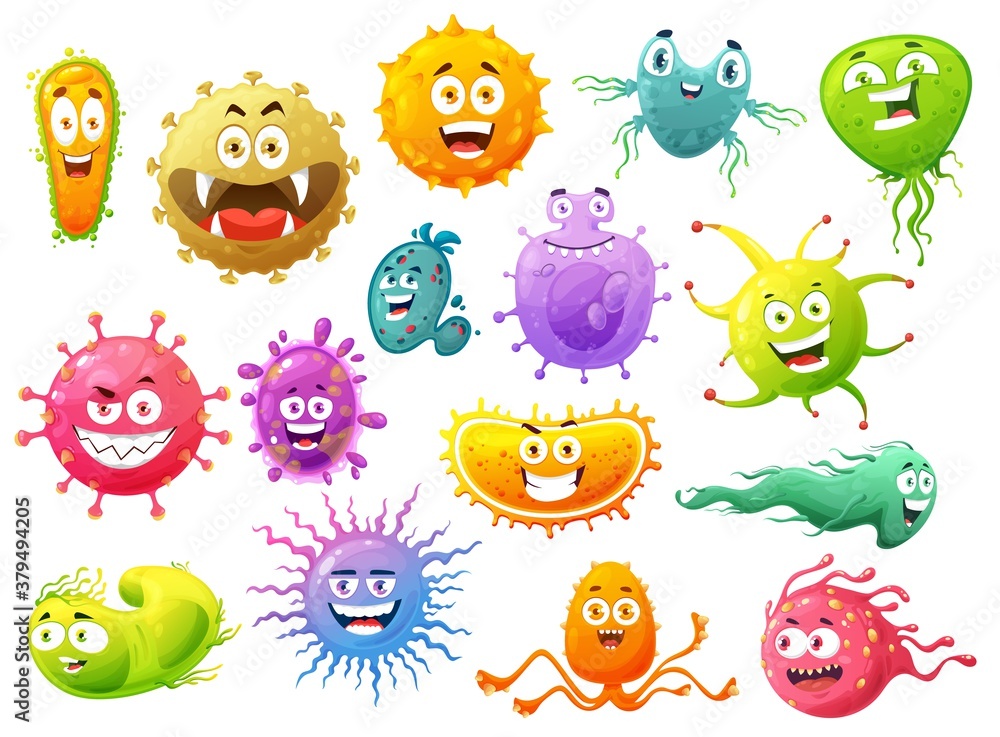 Stockvektorbilden Cartoon virus characters of vector bacteria and germ ...