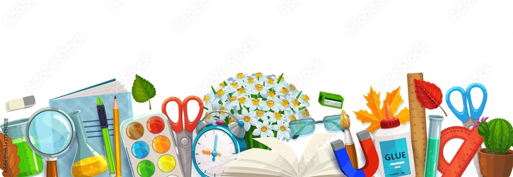 Education vector banner with border of school supplies. Student books ...