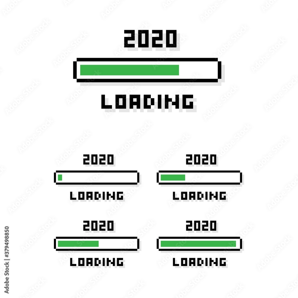 Pixel art 8-bit 2020 year loading bar set. Different stages - editable isolated vector ...