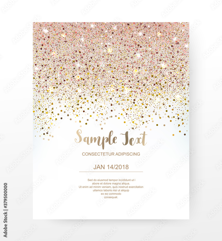 Holiday invitation card with gradient gold and pink glitter confetti ...