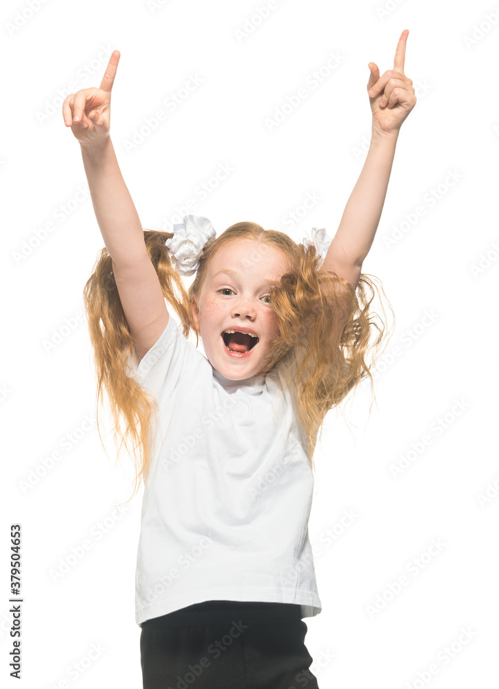 Little girl with red hair on a white isolated background Stock Photo ...