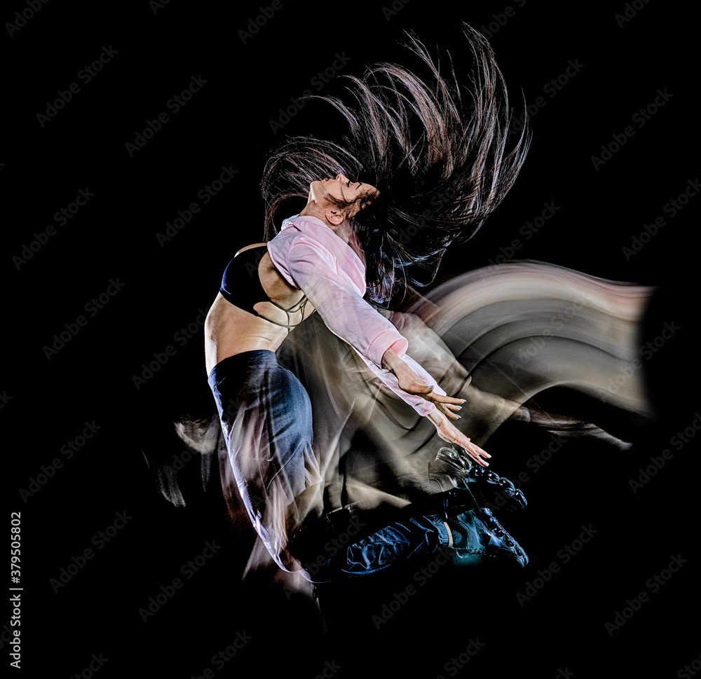 one caucasian young woman modern dancer dancing isolated on black ...
