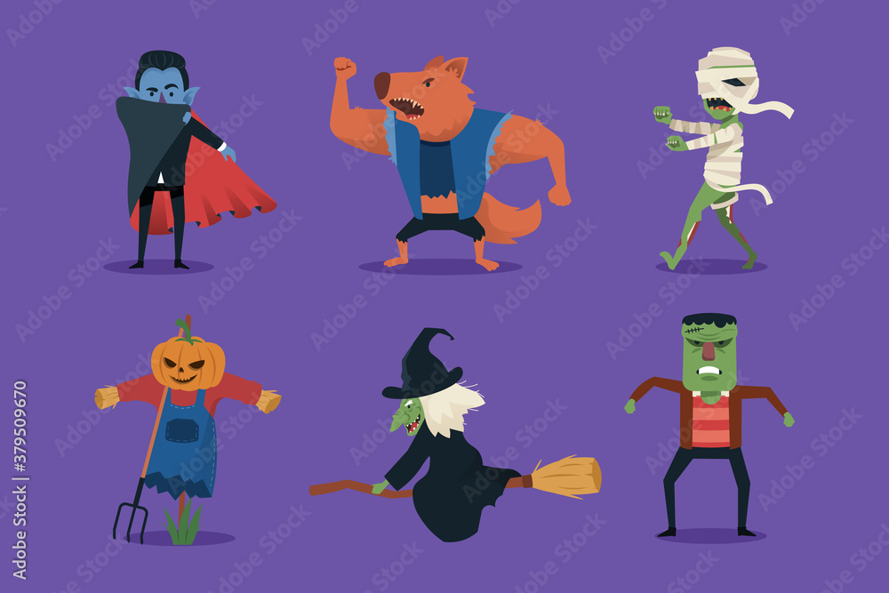 Halloween character collection. Vampire, werewolf, mummy, scarecrow ...