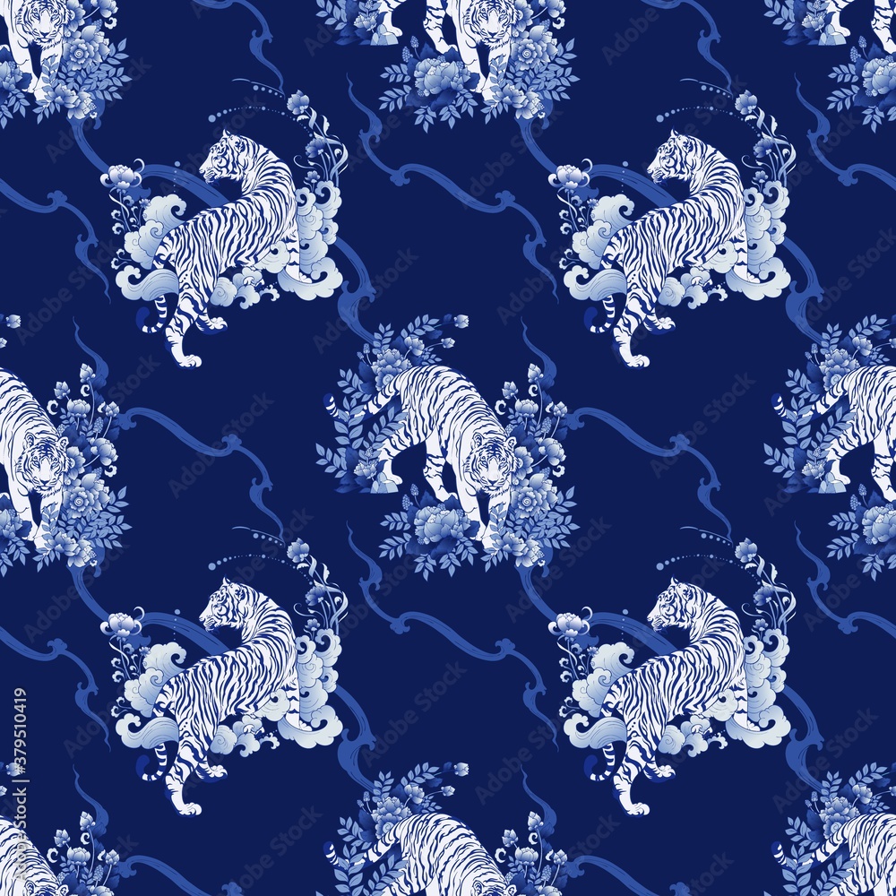 Tiger walking in Flower bush illustration doodle Porcelain with Color ...